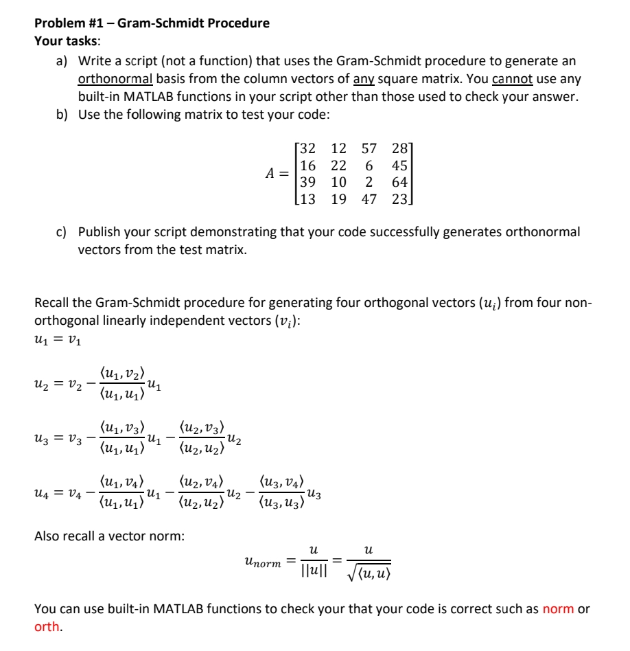 Solved Problem #1 - Gram-Schmidt Procedure Your tasks: a) | Chegg.com