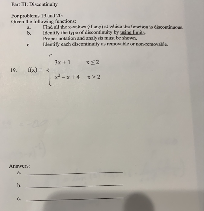 Solved Part III: Discontinuity For problems 19 and 20: Given | Chegg.com
