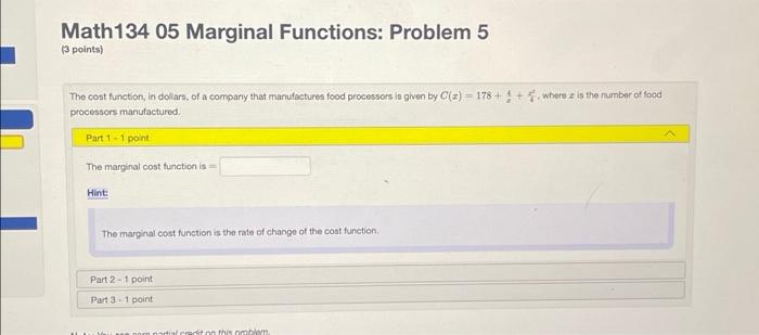 Solved Math134 05 Marginal Functions: Problem 5 (3 points) | Chegg.com