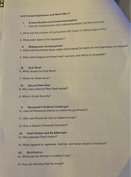 Unit 8 Great Depression and World War II I. | Chegg.com