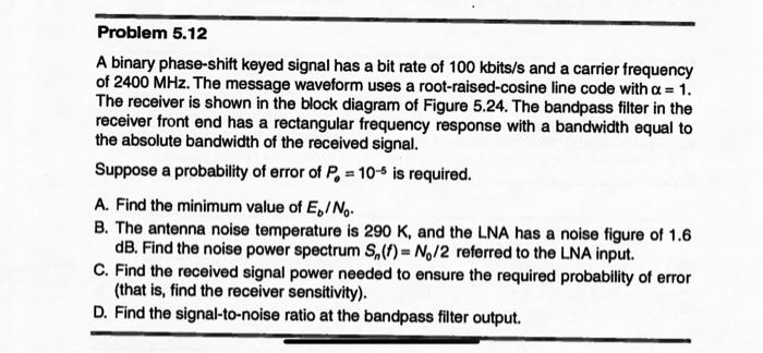 Solved Problem 5 12 A Binary Phase Shift Keyed Signal Has A
