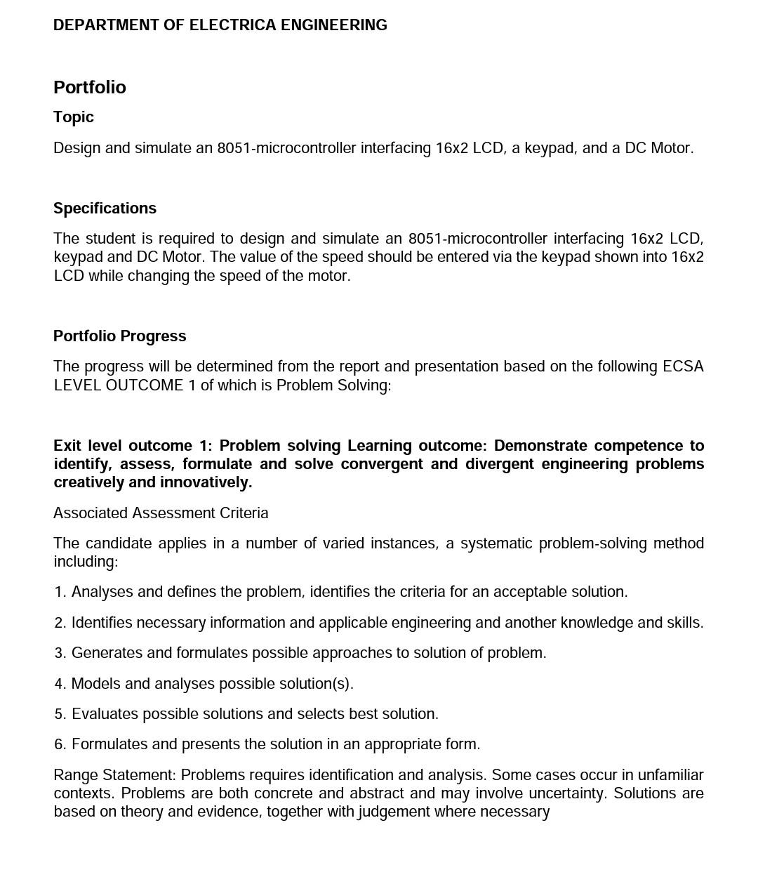 Solved DEPARTMENT OF ELECTRICA ENGINEERING Portfolio Topic | Chegg.com