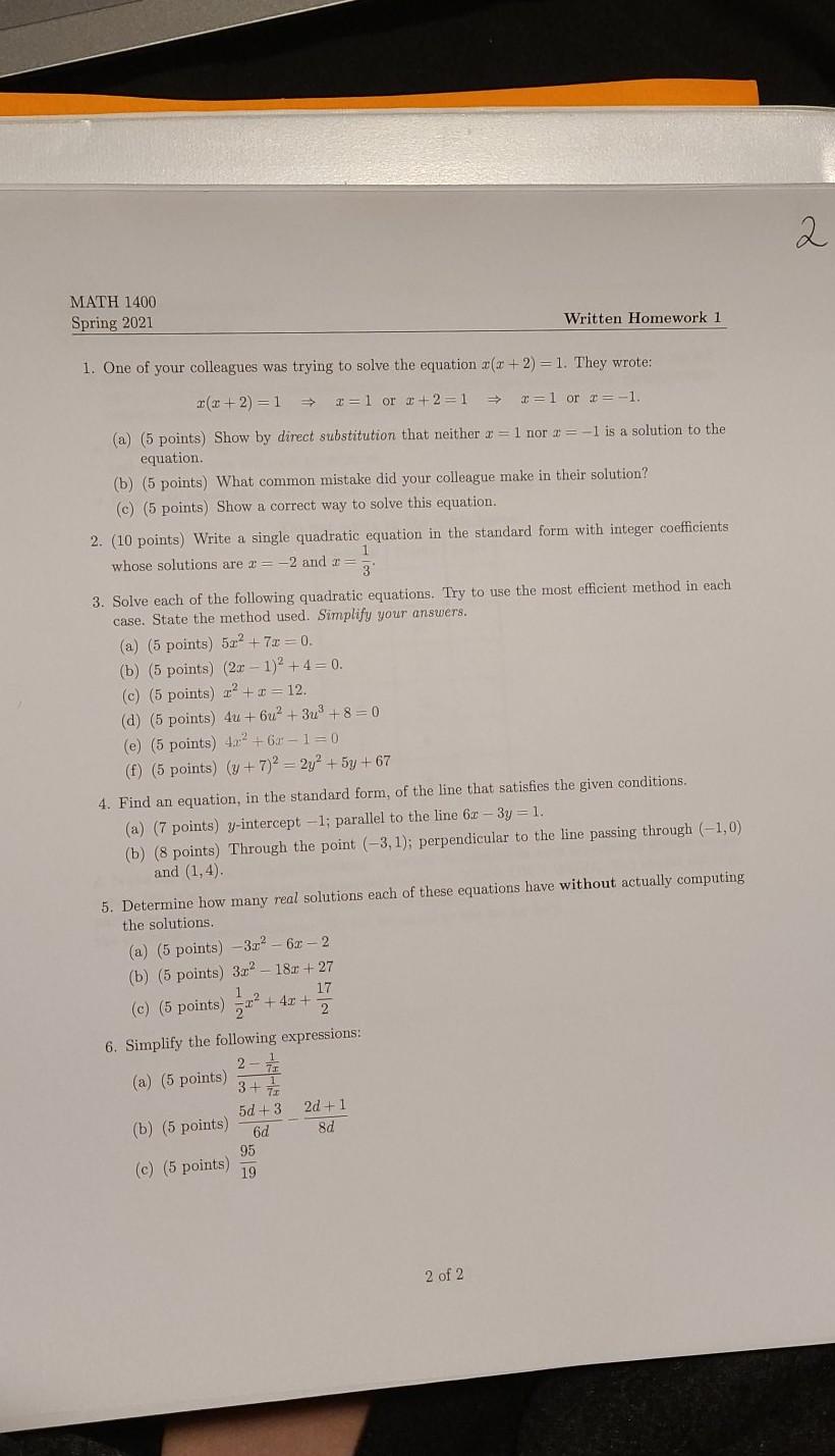 Solved 2 MATH 1400 Spring 2021 Written Homework 1 1. One of | Chegg.com