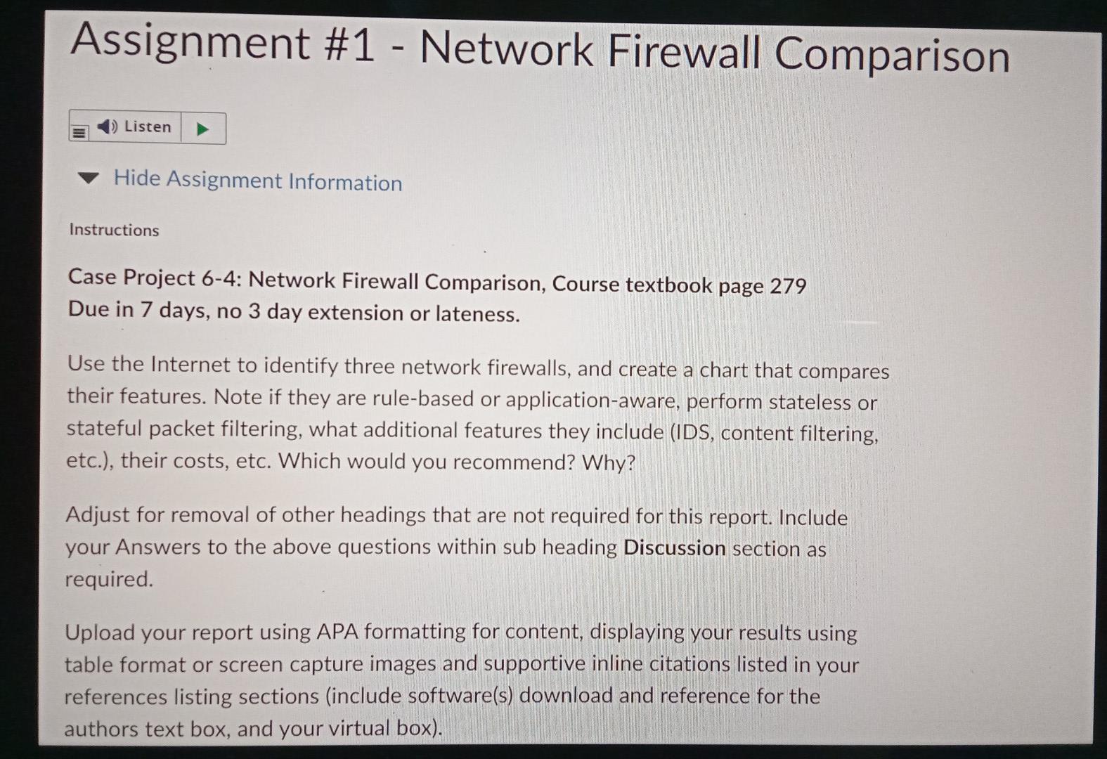 Solved Assignment #1 - Network Firewall Comparison )) Listen | Chegg.com