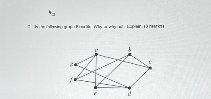Solved 2. Is the following graph Bipartite. Why or why not. | Chegg.com