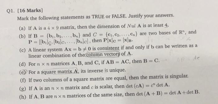Solved Q1. [16 Marks] Mark the following statements as TRUE | Chegg.com