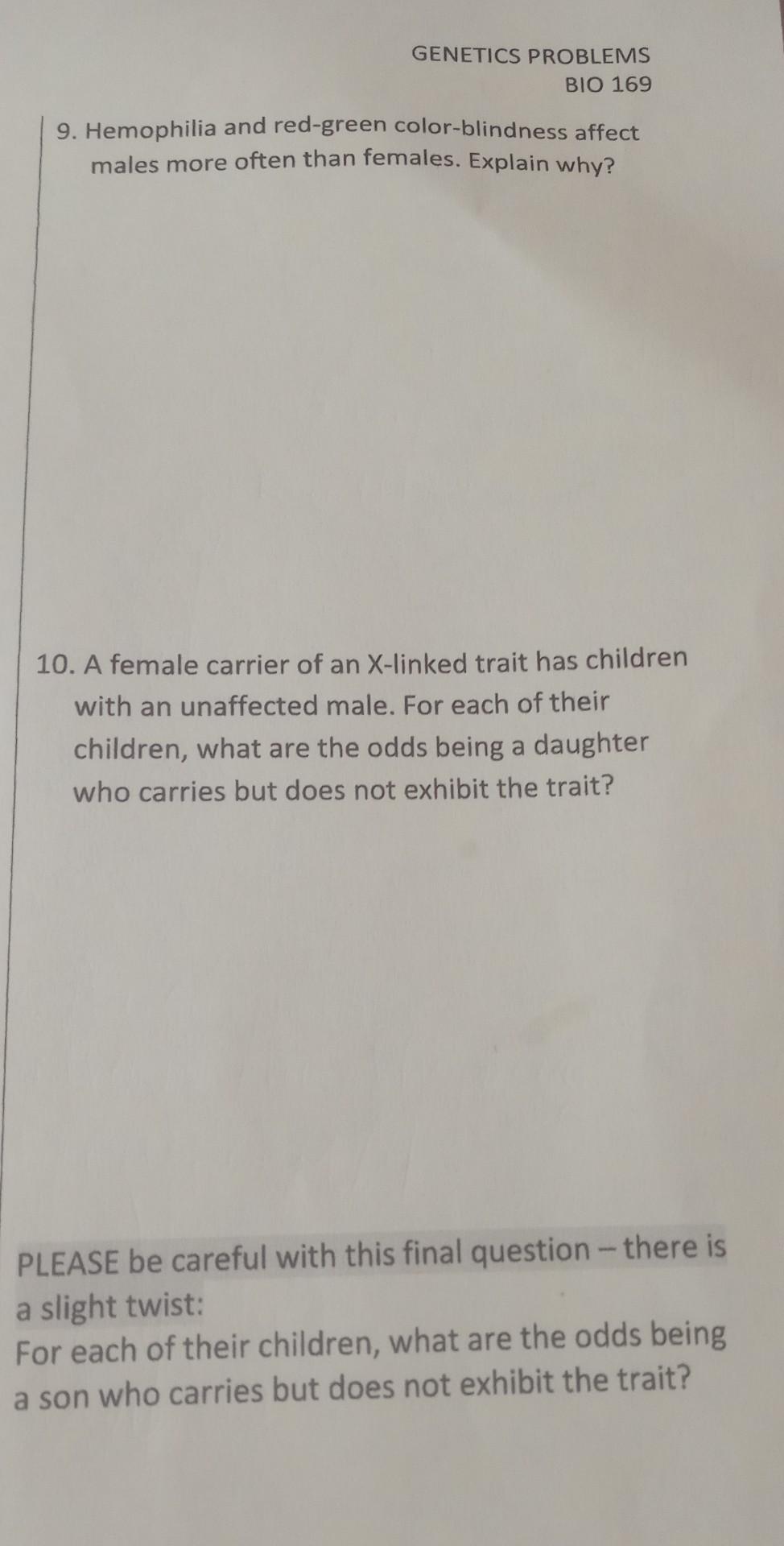 Solved GENETICS PROBLEMS BIO 169 9. Hemophilia and red-green | Chegg.com