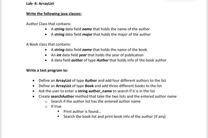 Solved Lab-6: ArrayList Write the following java classes: | Chegg.com