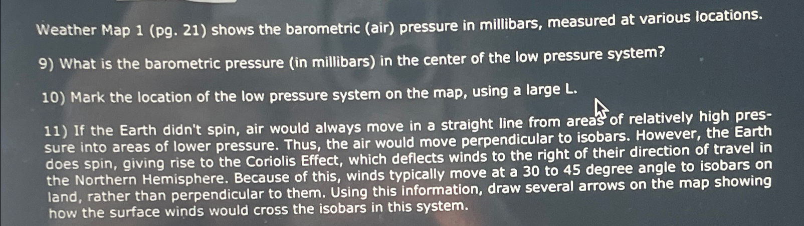 Solved Weather Map 1 (pg. 21) ﻿shows the barometric (air) | Chegg.com