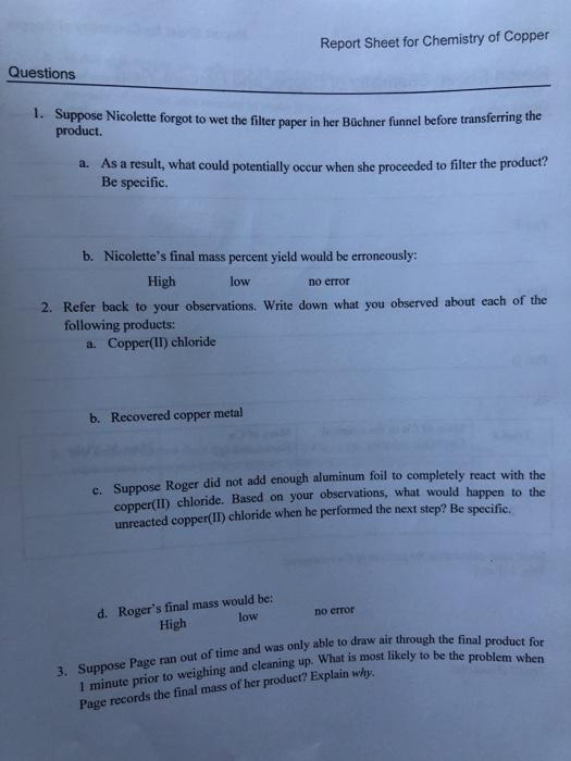 Report Sheet for Chemistry of Copper 2. In this | Chegg.com