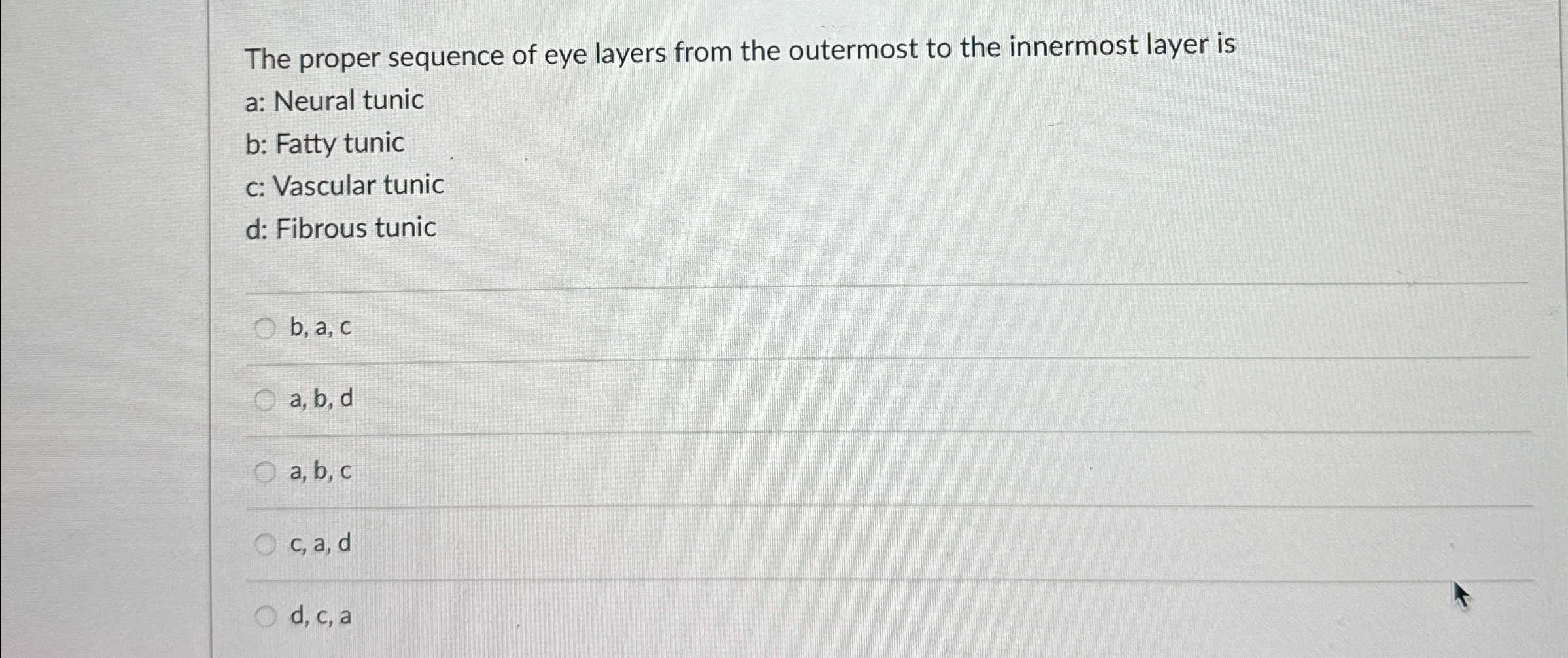 Solved The proper sequence of eye layers from the outermost | Chegg.com