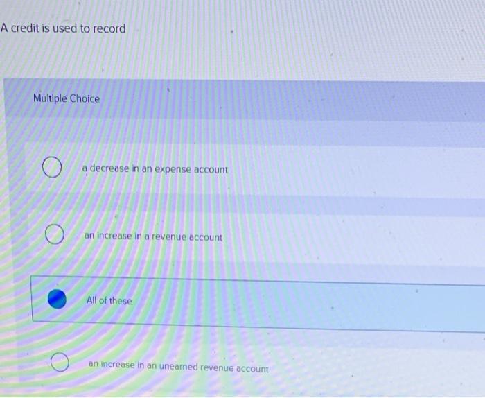 Solved A credit is used to record Multiple Choice a decrease | Chegg.com