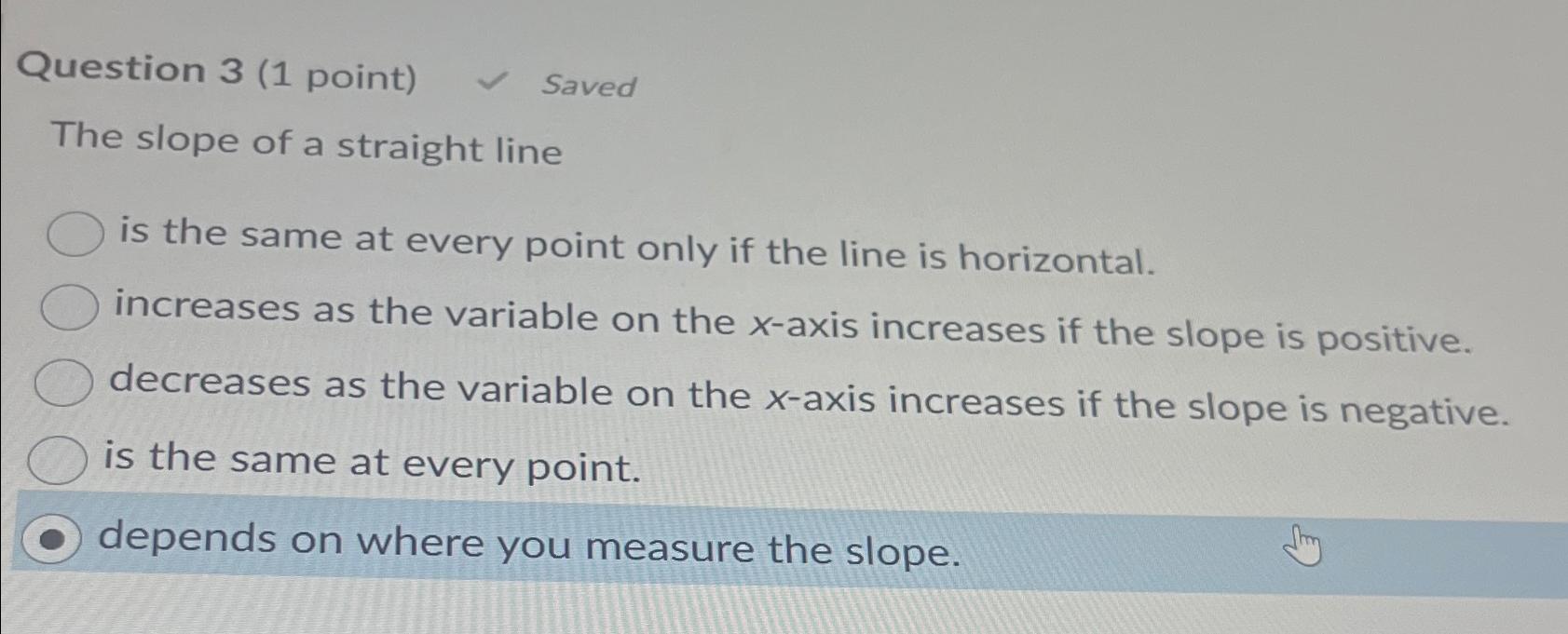 Solved Question 3 (1 ﻿point)SavedThe slope of a straight | Chegg.com
