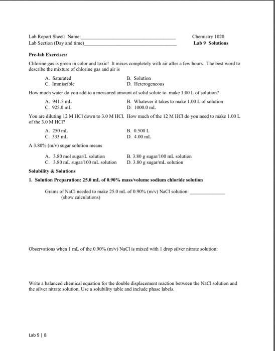 Solved Lab Report Sheet: Name: Chemistry 1020 Lab Section | Chegg.com
