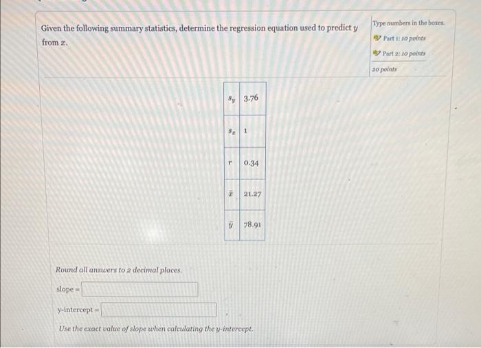 Solved Given the following summary statistics, determine the | Chegg.com