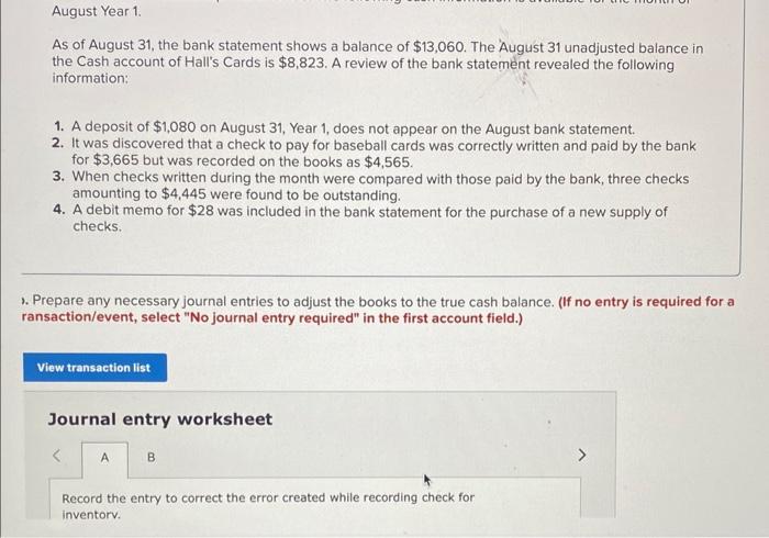 Solved August Year 1. As of August 31, the bank statement | Chegg.com