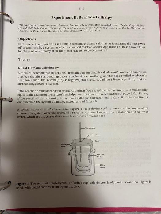 Solved Experiment H: Reaction Enthalpy This experiment is | Chegg.com