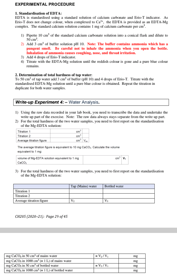 Solved EXPERIMENTAL PROCEDURE 1. Standardisation of EDTA: | Chegg.com