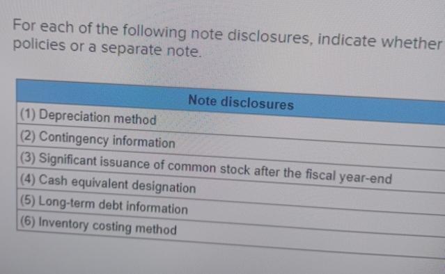 Solved For each of the following note disclosures, indicate | Chegg.com Solved For each of the following note disclosures, indicate | Chegg.com