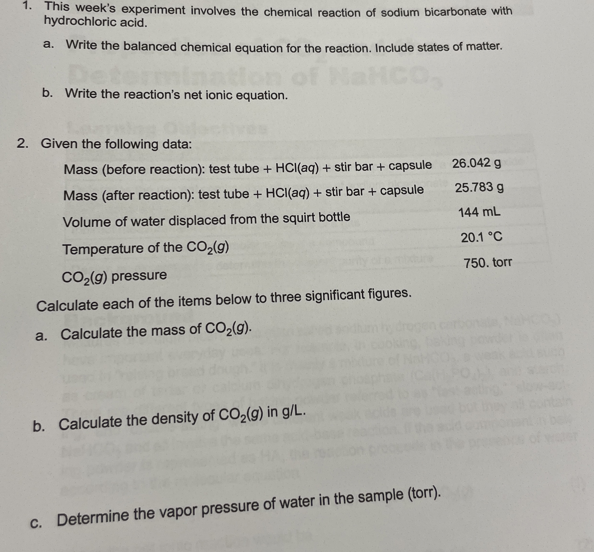 Solved This week's experiment involves the chemical reaction | Chegg.com