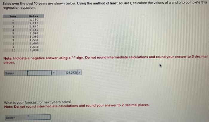 Solved Sales over the past 10 years are shown below. Using | Chegg.com