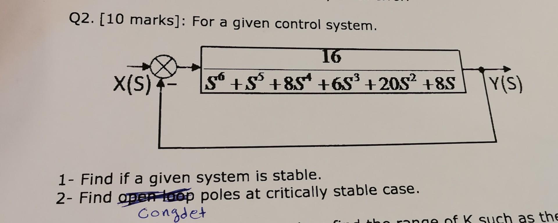 Solved Q2. [10 marks ] : For a given control system. 1- Find | Chegg.com