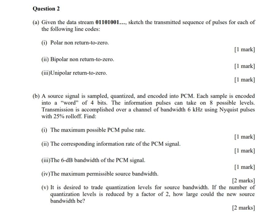 Solved Question 2 (a) Given the data stream 01101001..., | Chegg.com