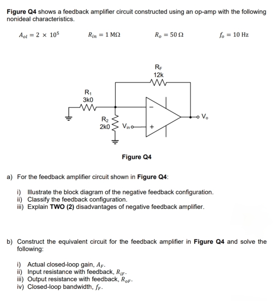 Solved Figure Q4 ﻿shows a feedback amplifier circuit | Chegg.com