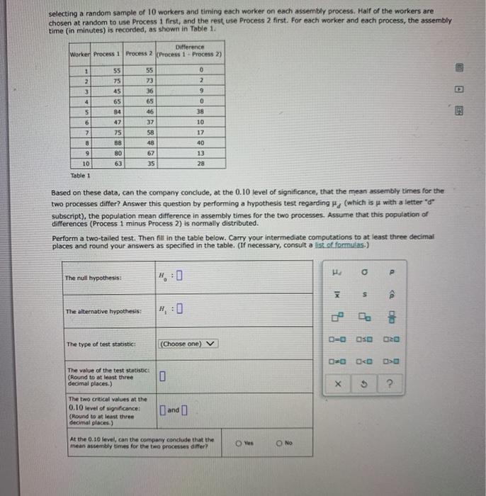 Solved selecting a random sample of 10 workers and timing | Chegg.com