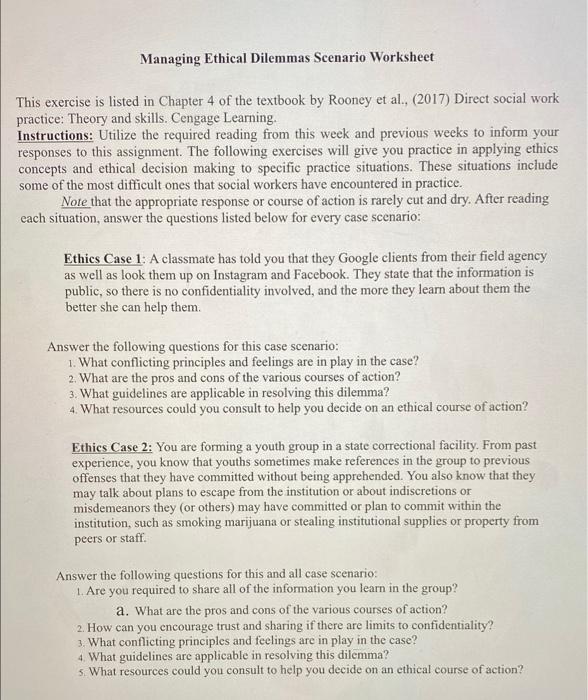 Managing Ethical Dilemmas Scenario Worksheet This | Chegg.com