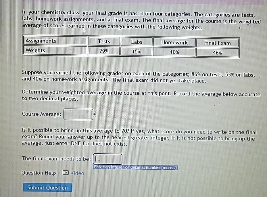 Solved In your chemistry class, your final grade is based on | Chegg.com