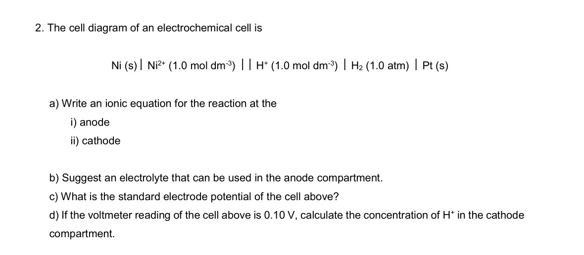 Solved The cell diagram of an electrochemical cell | Chegg.com