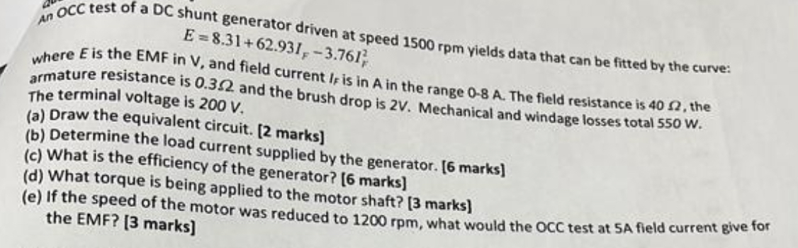 Solved an OCC test of a DC shunt generator driven at speed | Chegg.com