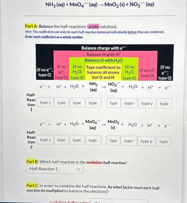 Solved NH3(aq)+MnO4−(aq)→MnO2(s)+NO3−(aq) Part A: Balance | Chegg.com