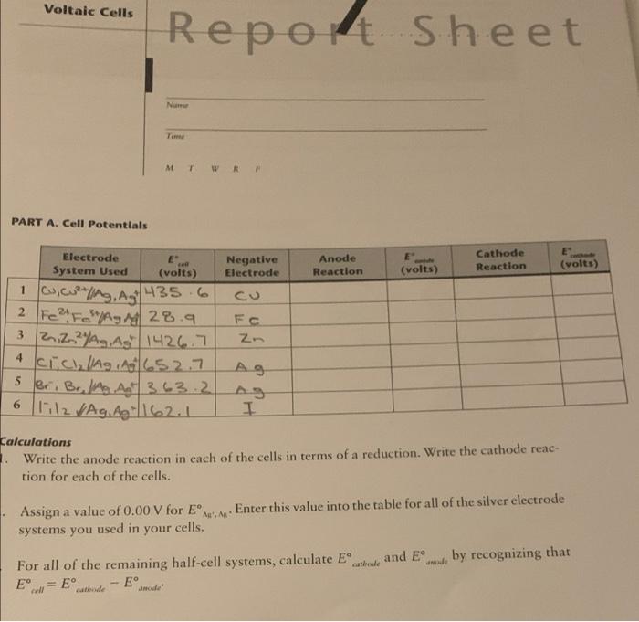 Solved Voltaic Cells Report Sheet Nam Time M PART A. Cell | Chegg.com