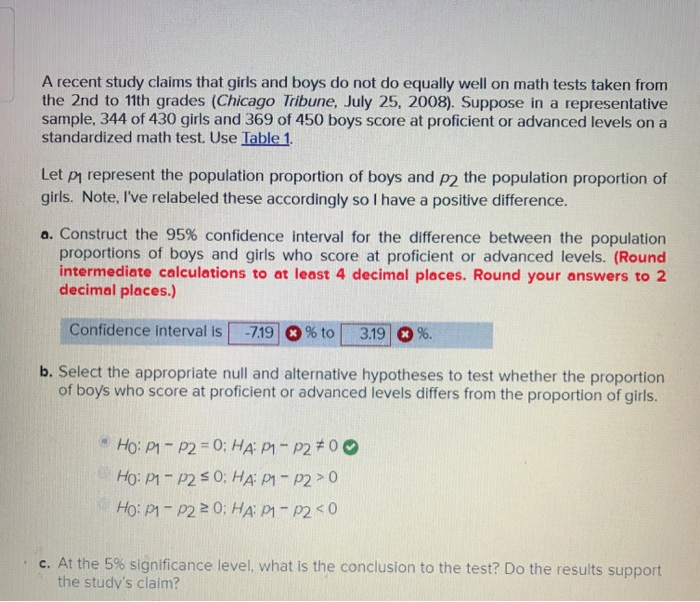 Solved A recent study claims that girls and boys do not do | Chegg.com