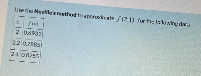 Solved Use the Neville's method to approximate f (2.1) for | Chegg.com