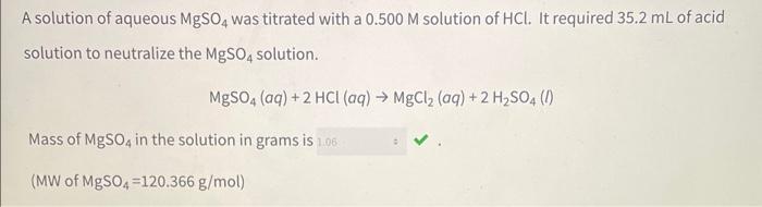 Solved A solution of aqueous MgSO4 was titrated with a | Chegg.com