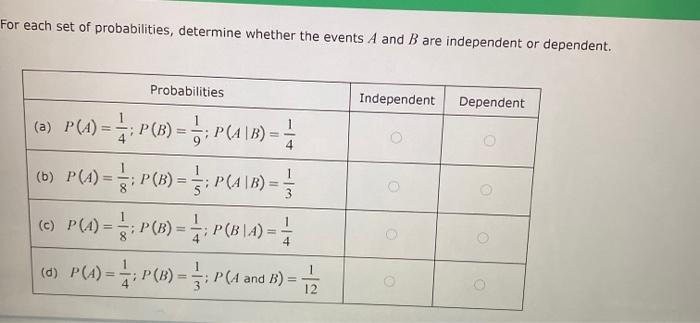 Solved For each set of probabilities, determine whether the | Chegg.com