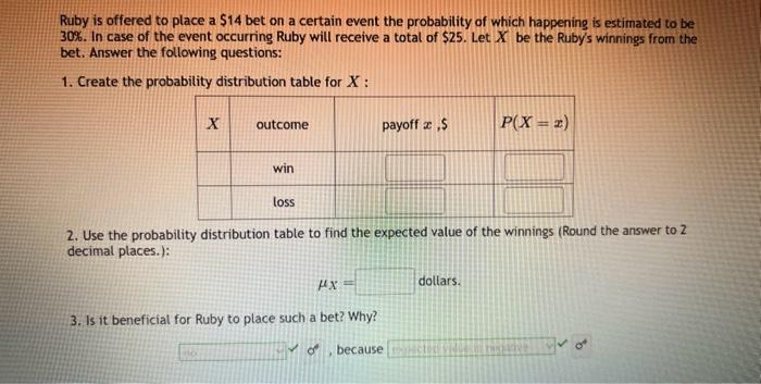 Solved Ruby is offered to place a $14 bet on a certain event | Chegg.com