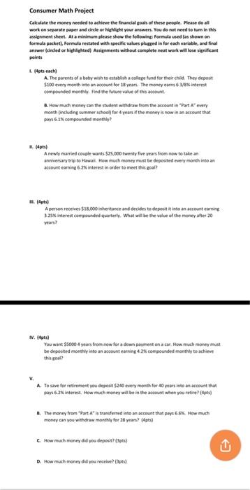 Solved Consumer Math Project Calculate the money needed to | Chegg.com