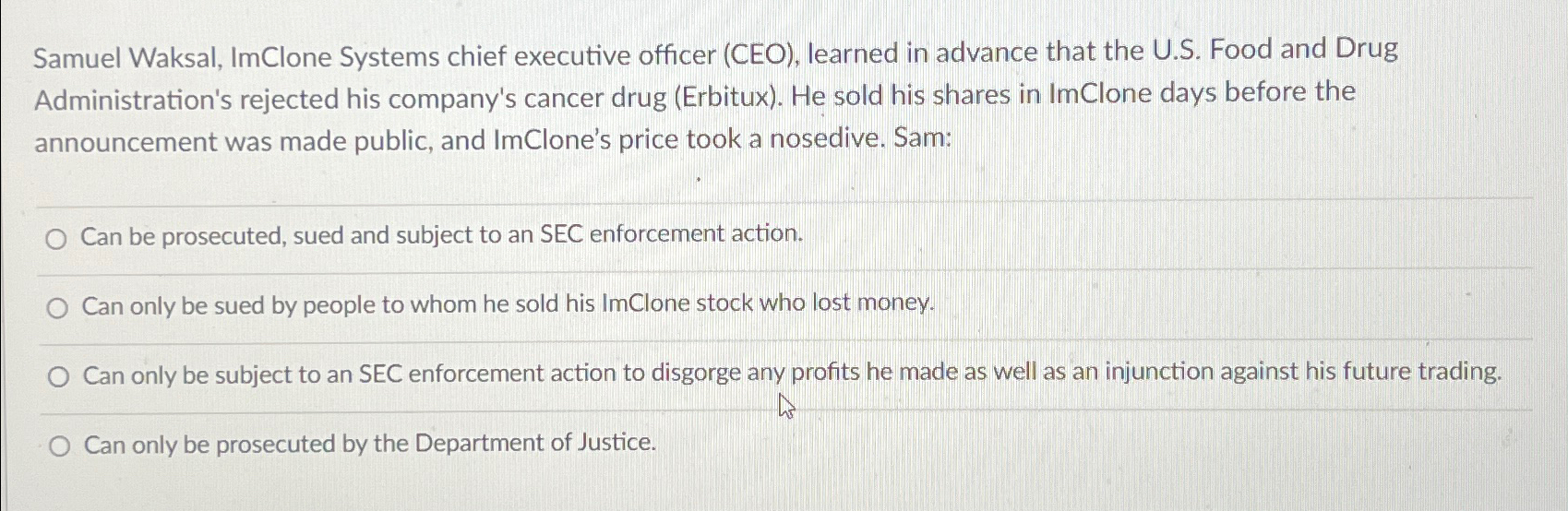 Solved Samuel Waksal, ImClone Systems chief executive | Chegg.com