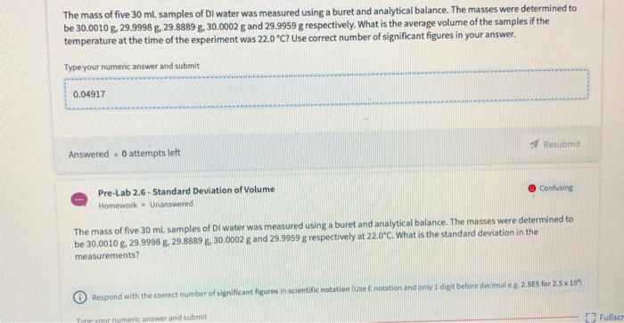 Solved The mass of five 30 ml samples of Dl water was | Chegg.com
