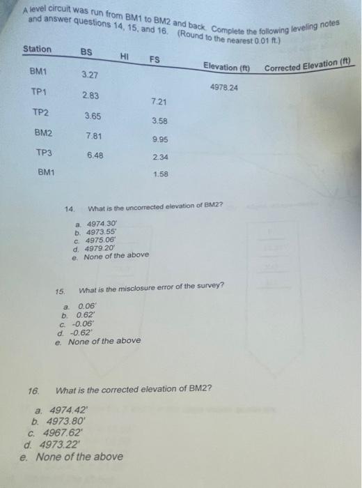 Solved A level circuit was run from BM1 to BM2 and back. | Chegg.com