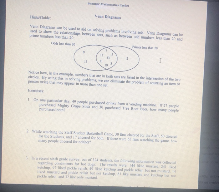 Solved Summer Mathematics Packet Venn Diagrams Hints/Guide: | Chegg.com