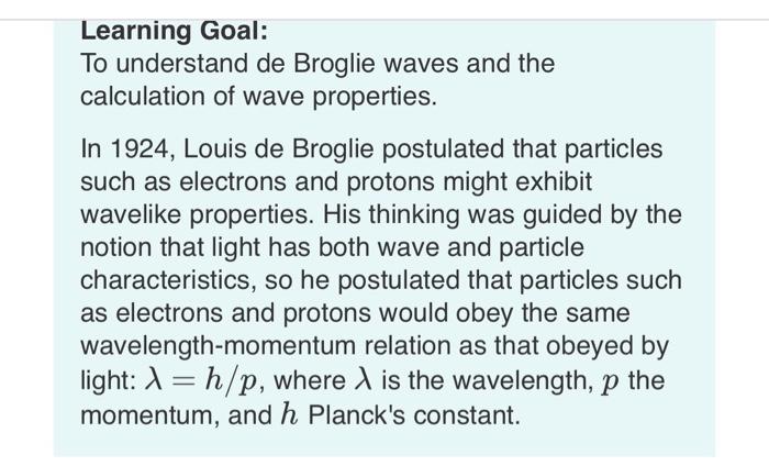 Solved Learning Goal: To understand de Broglie waves and the | Chegg.com