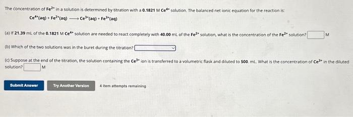 Solved The concentration of Fe2∗ in a solution is determined | Chegg.com