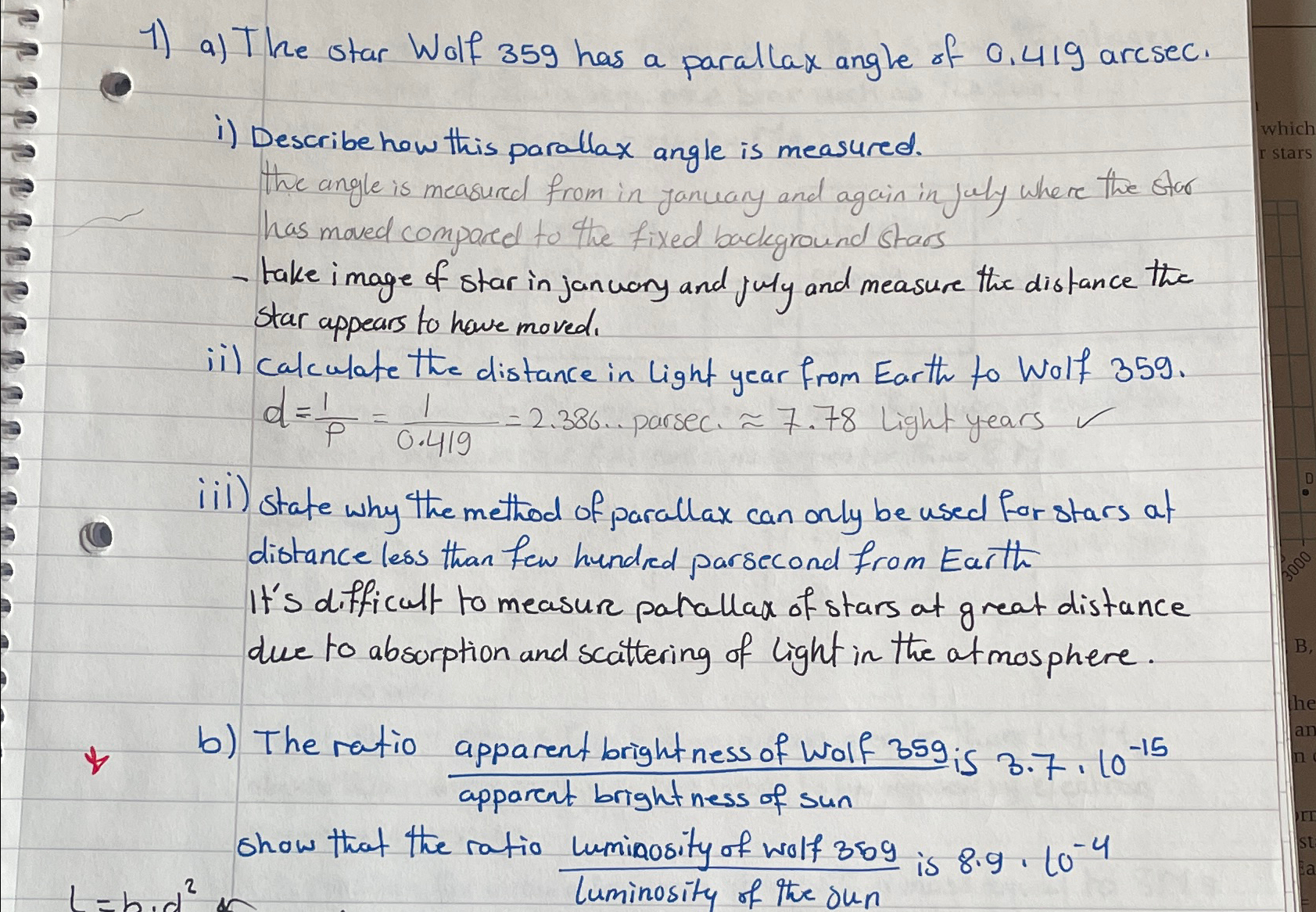 Solved a) ﻿The star Wolf 359 ﻿has a parallax angle of 0.419 | Chegg.com