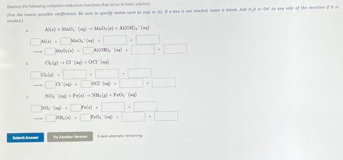Solved Balance the following oxidation-reduction reactions | Chegg.com