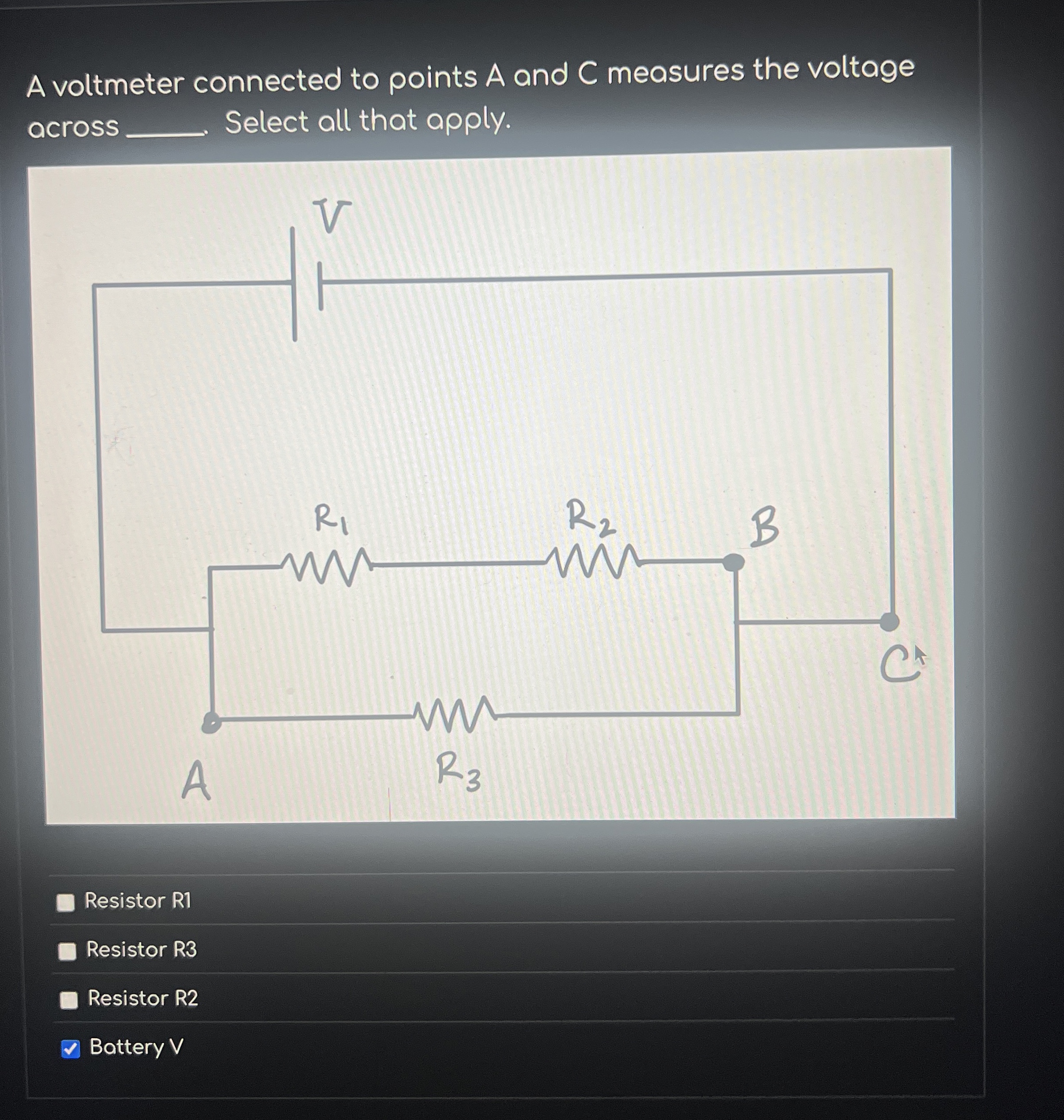 Solved A voltmeter connected to points A and C ﻿measures the | Chegg.com